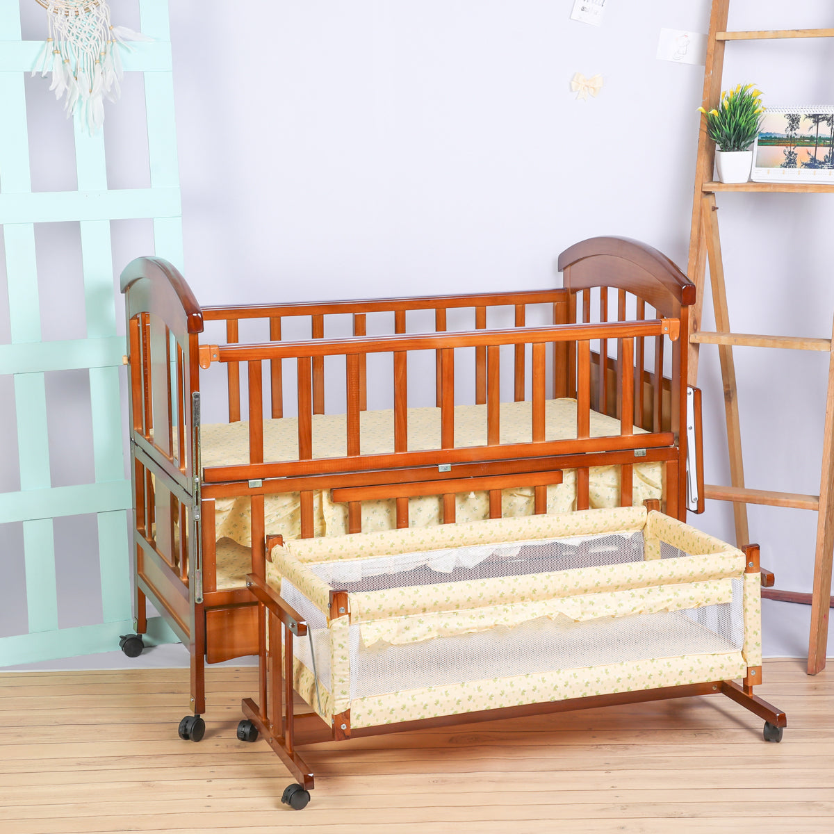 Wooden Cot with Swinging Cradle